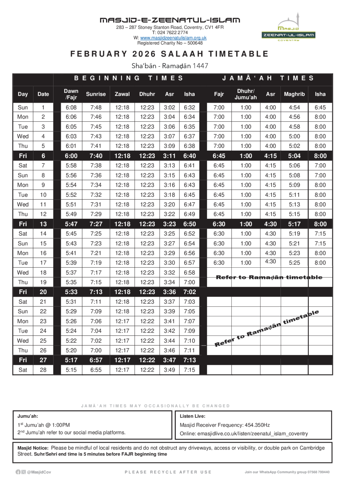 Timetable - Masjid Zeenatul Islam - Coventry